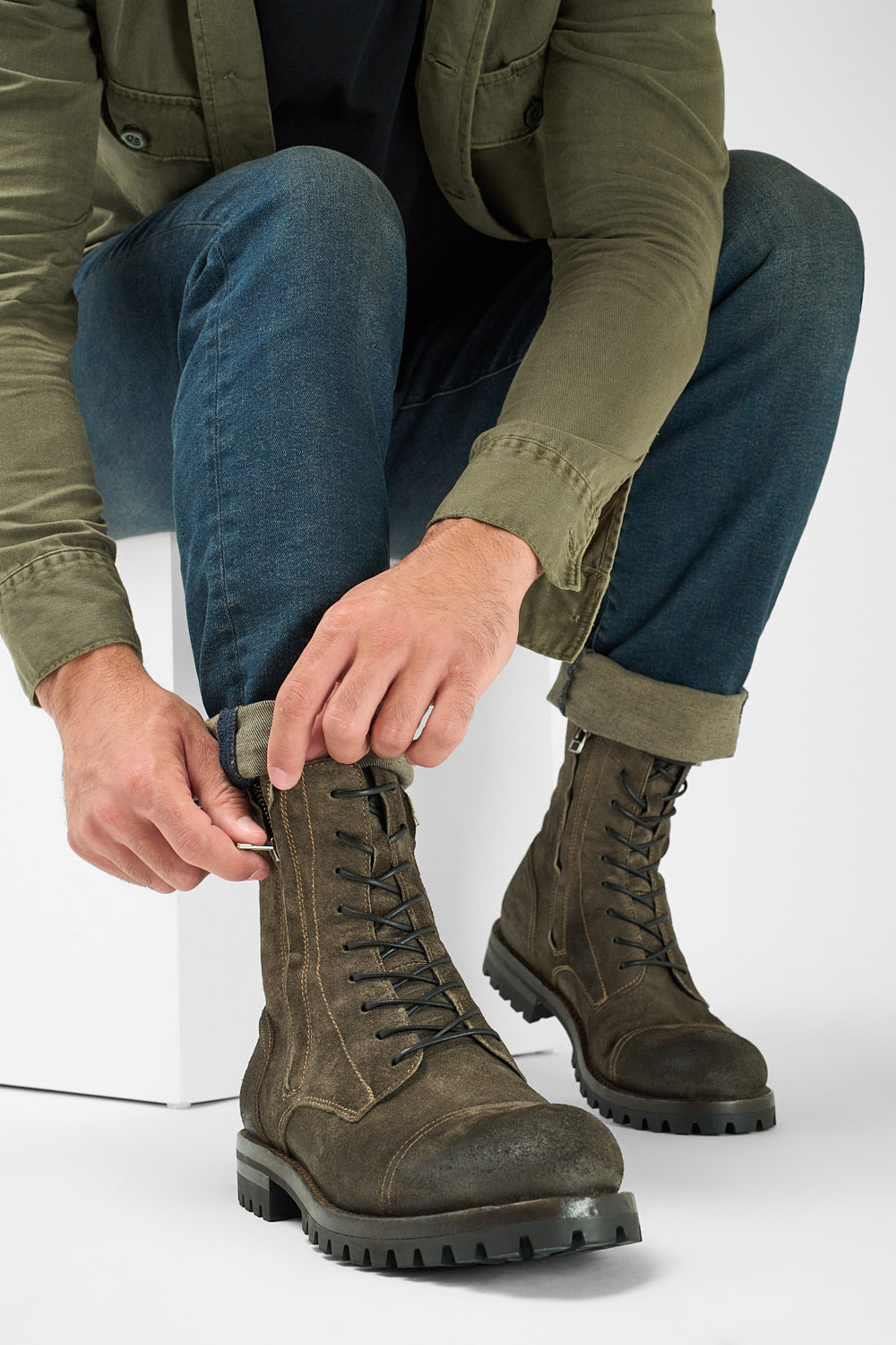 CAMDEN dark-moss suede double-zip military boots | untamed street ...